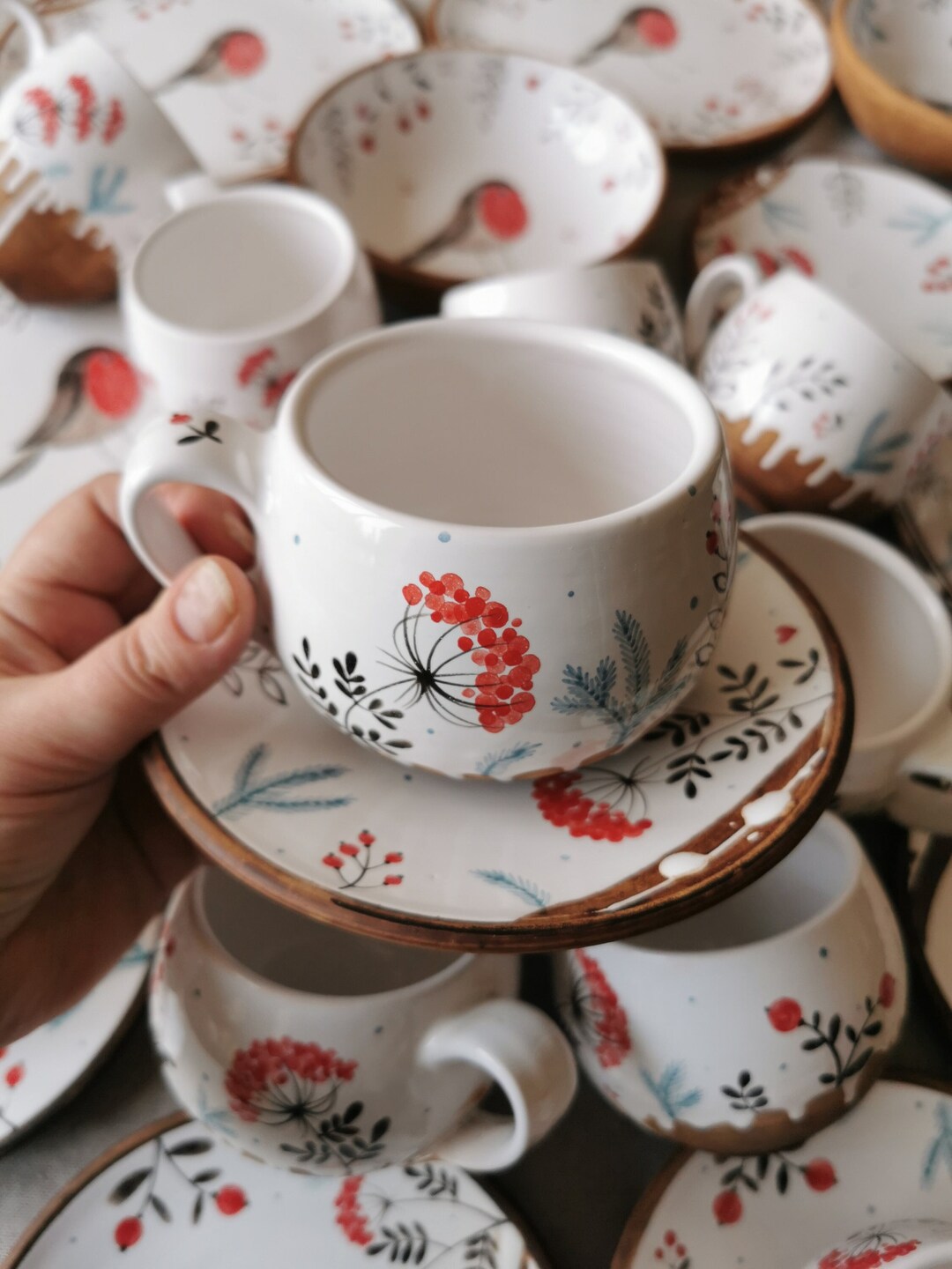 Handmade Hand-painted Coffee or Tea Mug With Saucer and Spoon for ...