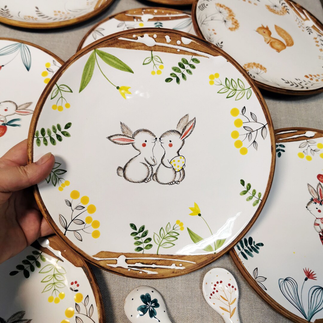 Plate With Easter Bunny. Rabbit Collecting Eggs. Gift for Easter Feast ...