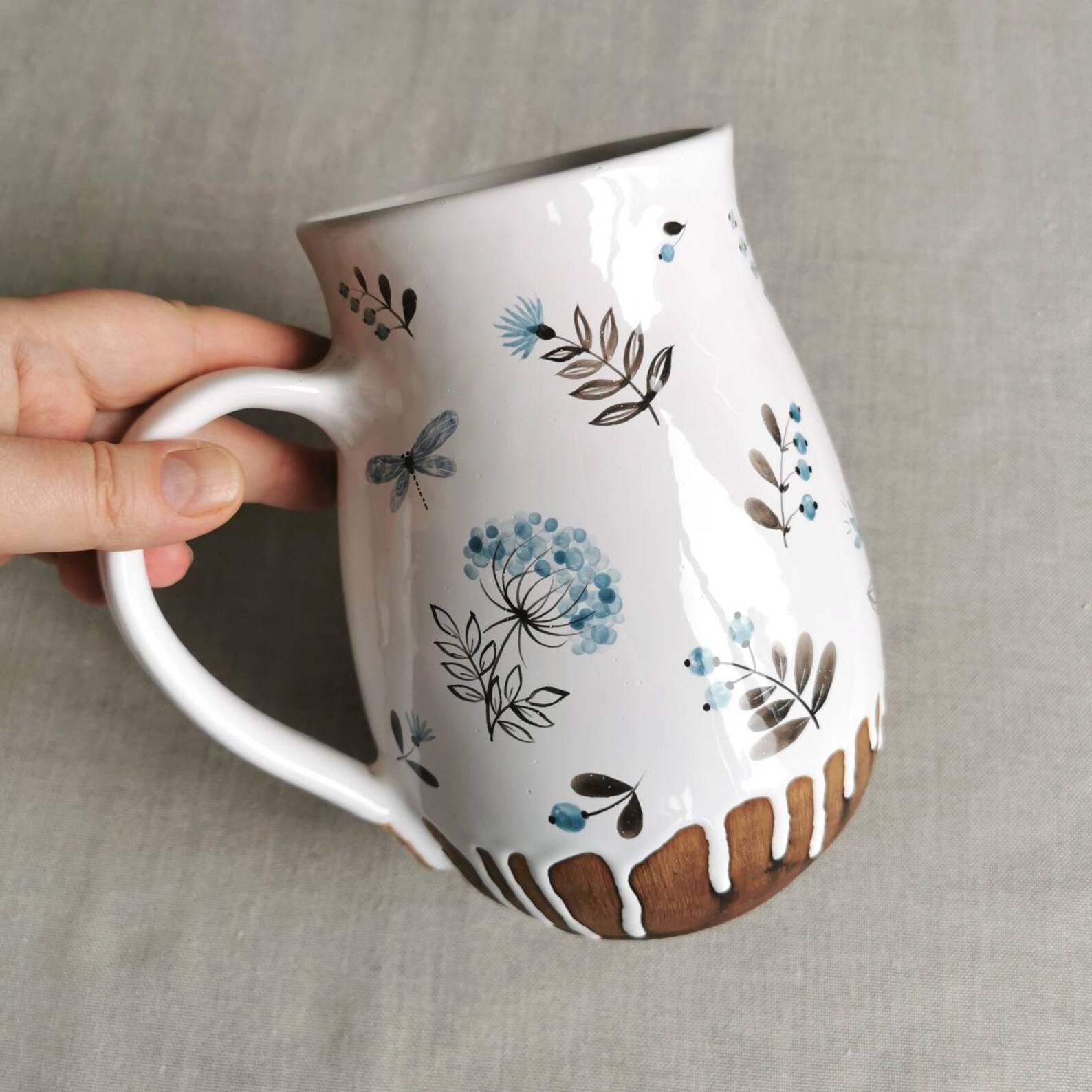 Hand Painted Rustic Pitcher With Bird and Dragonflies by - Etsy