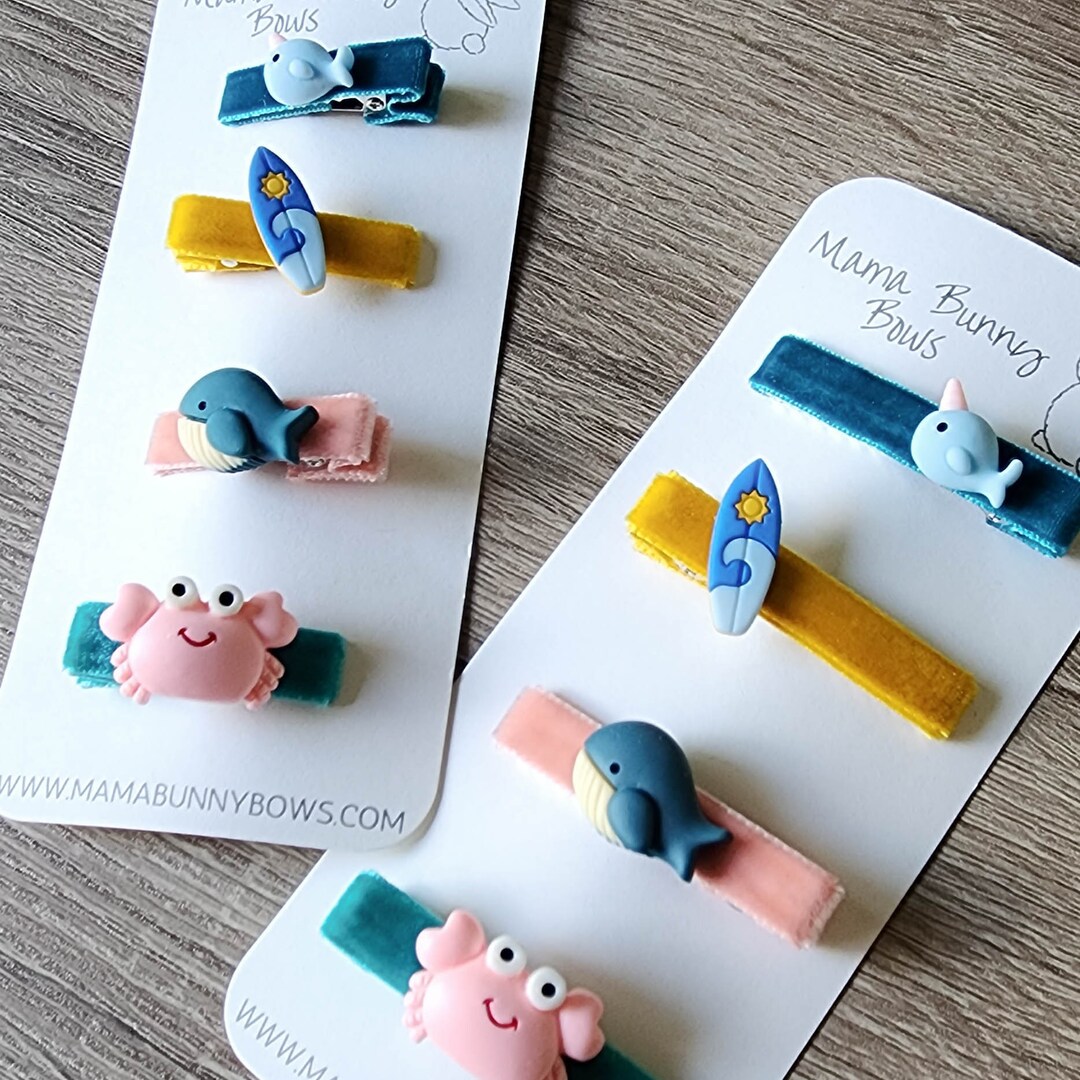 Narwhal Whale Crab Surfboard Hair Clips, Velvet Barrettes, Baby Girl ...