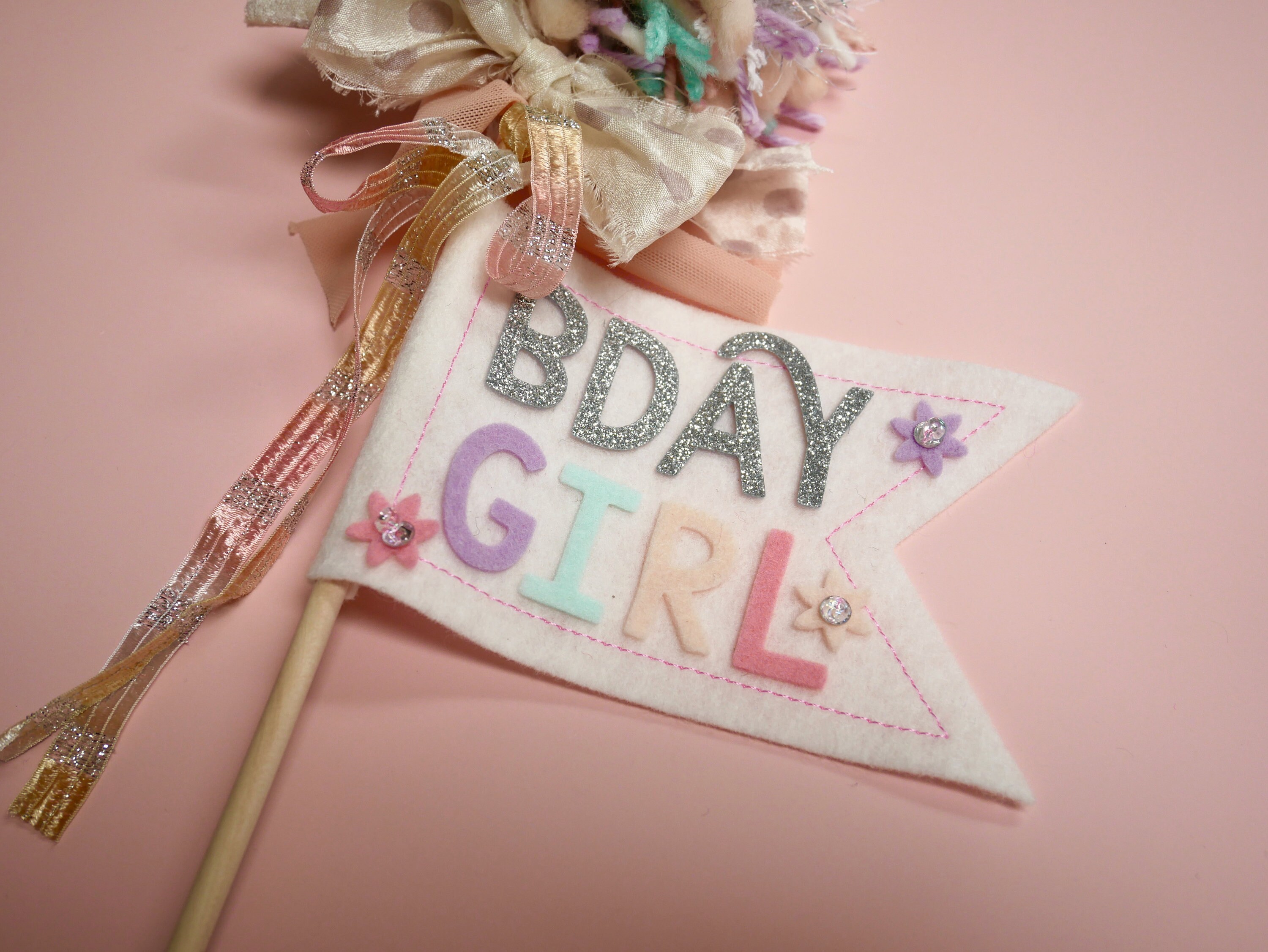 Happy Birthday Girl, Cake Topper Girl, Pom Pom Wand, Personalized ...