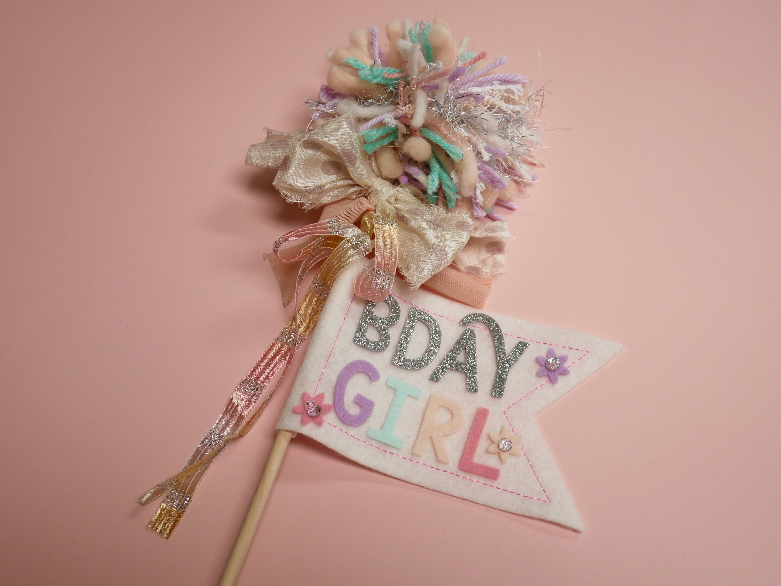Happy Birthday Girl, Cake Topper Girl, Pom Pom Wand, Personalized ...