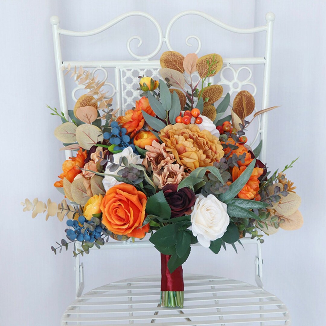 Burnt Orange Wedding Bouquet, Burnt Orange Bridal Bouquet, Rust and Green Wedding Bouquet ...