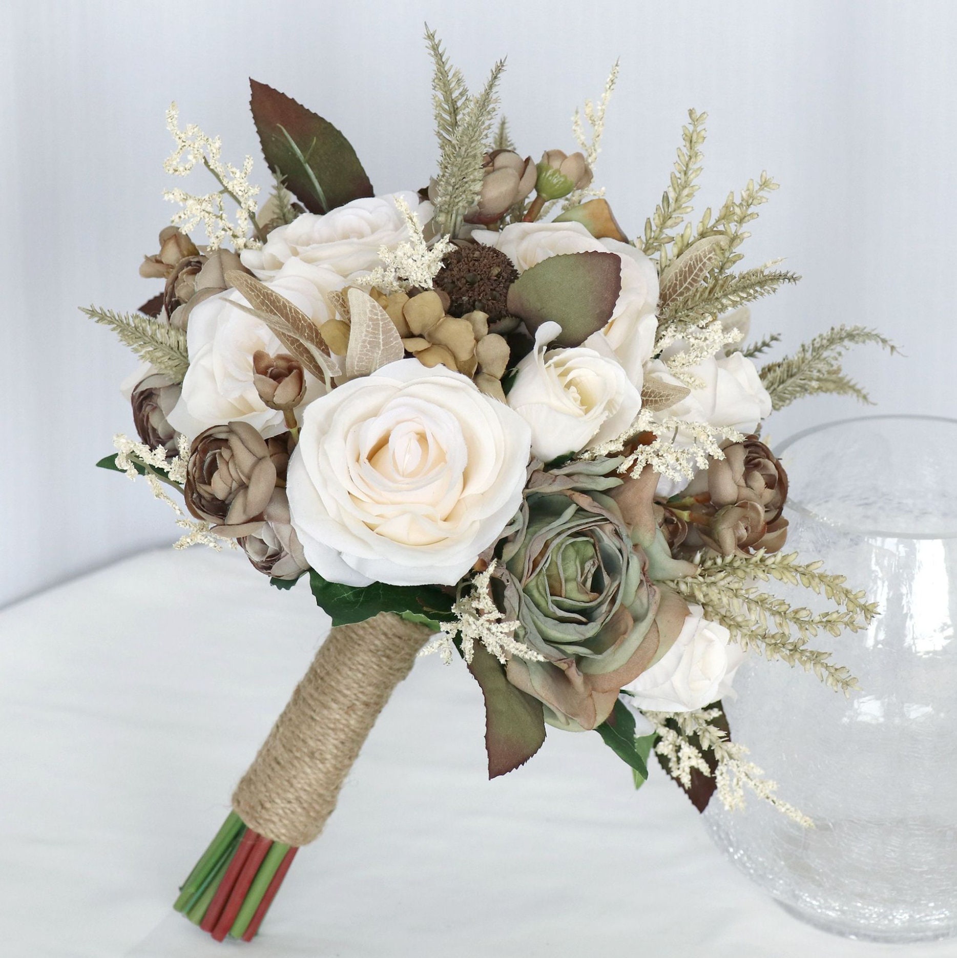 Bridal Bouquet Boho, White Rose Bridal Bouquet, Brown Bridal Bouquet ...