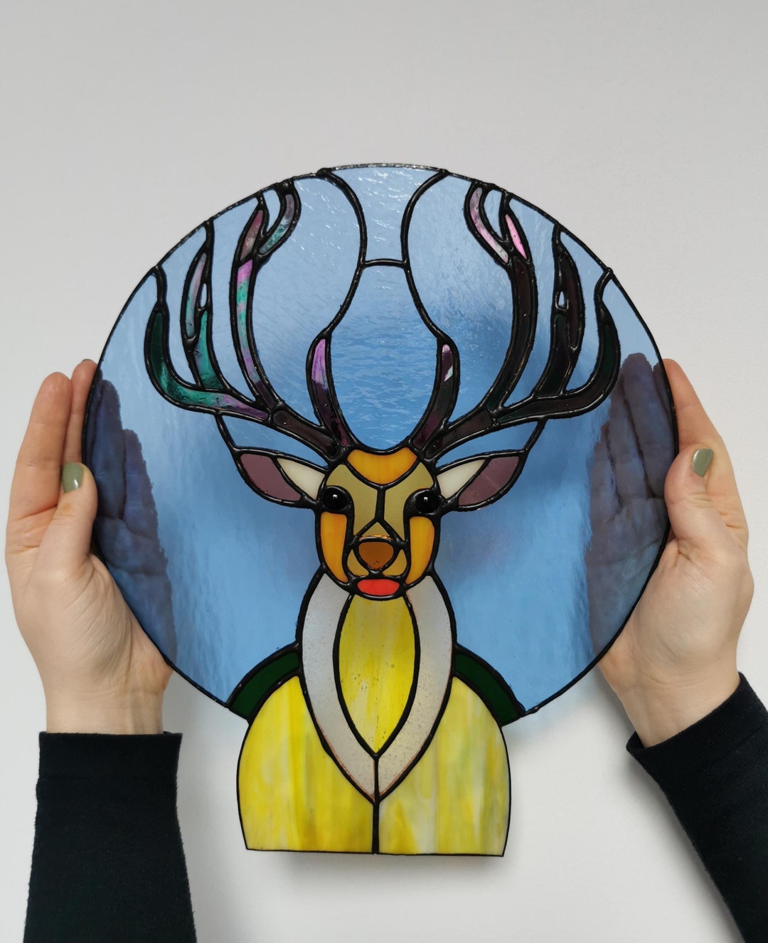 Handmade Round Stained Glass Suncatcher - "antlered Reverie" Deer ...