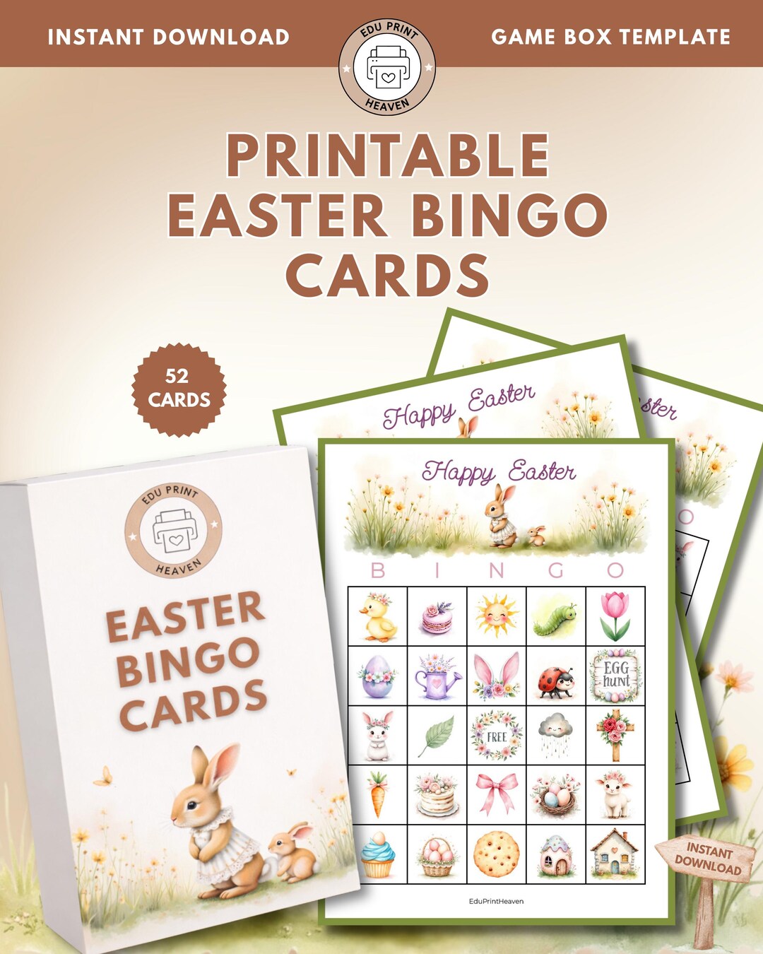 Printable Easter Bingo Game for Kids With Box DIY Template, 52 Unique ...
