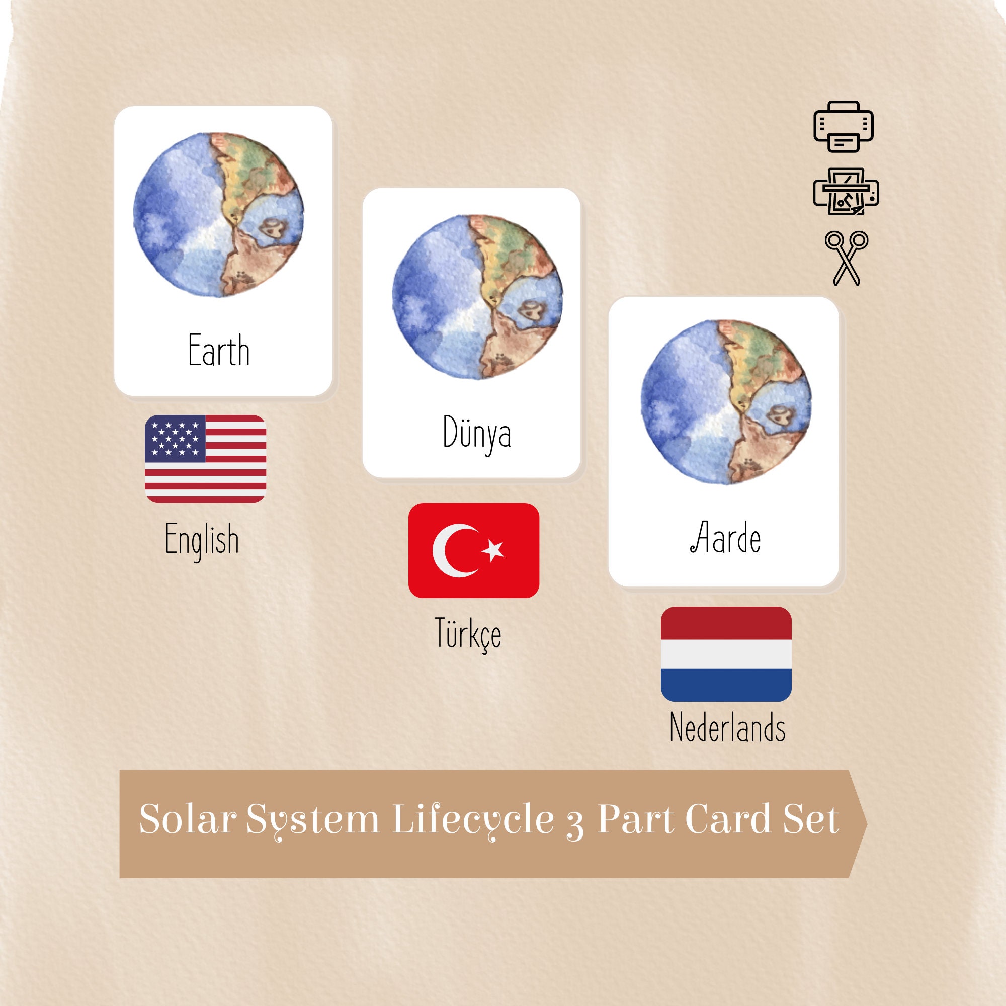 SOLAR SYSTEM Cards Planets Montessori Nomenclature Flash 3 Parts ...