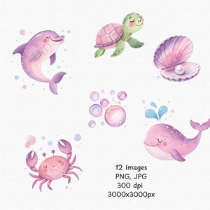 Pink Sea Animals Clipart, Cute Pastel Marine Life, Undersea Watercolor ...