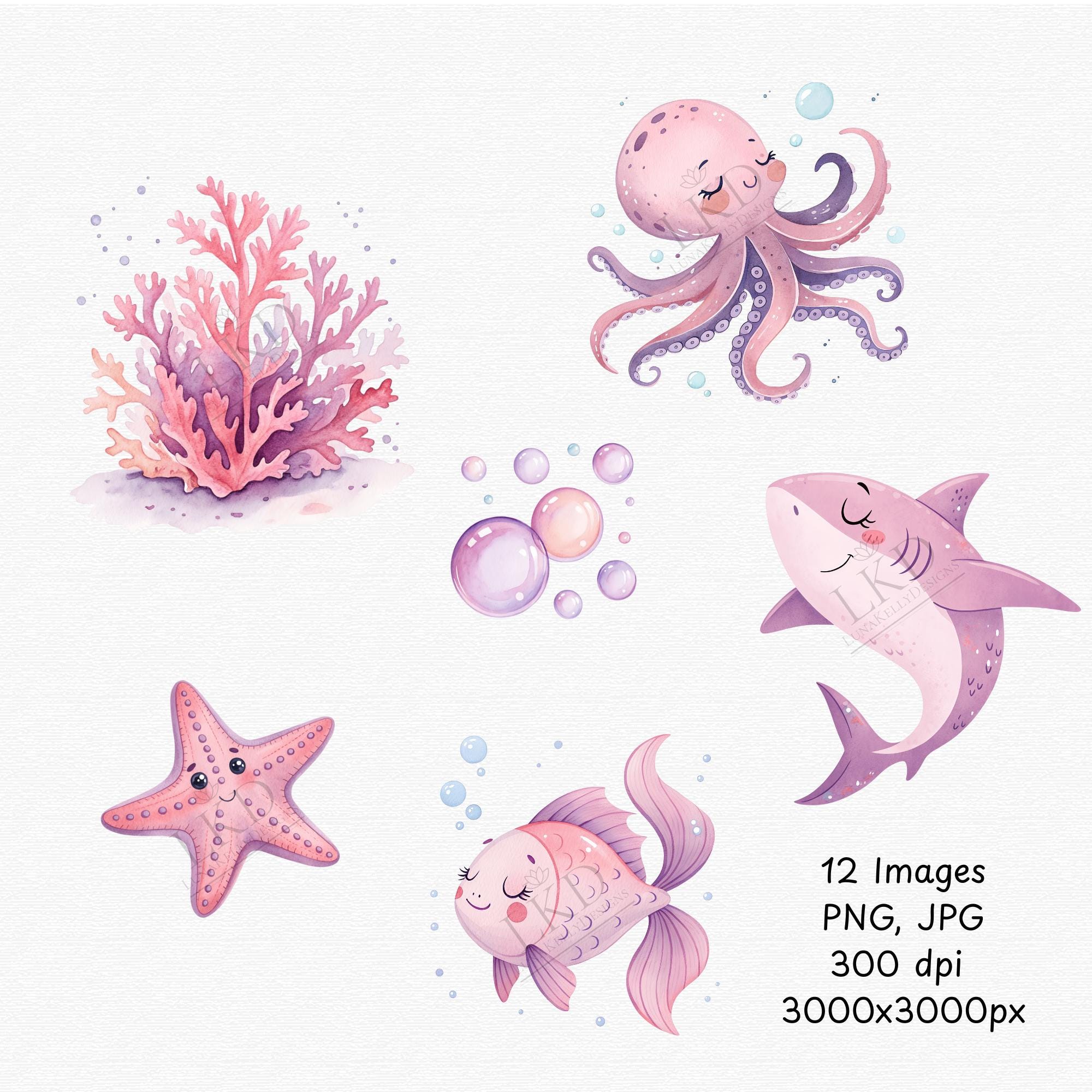 Pink Sea Animals Clipart, Cute Pastel Marine Life, Undersea Watercolor ...