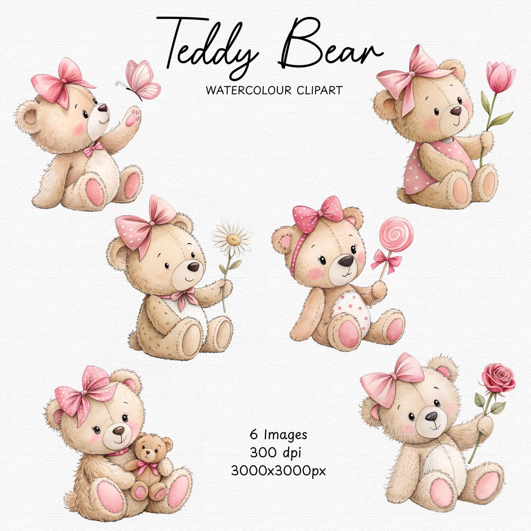 Watercolor Teddy Bear, Pink Bow Teddy Bear Clipart, Teddy Bear ...