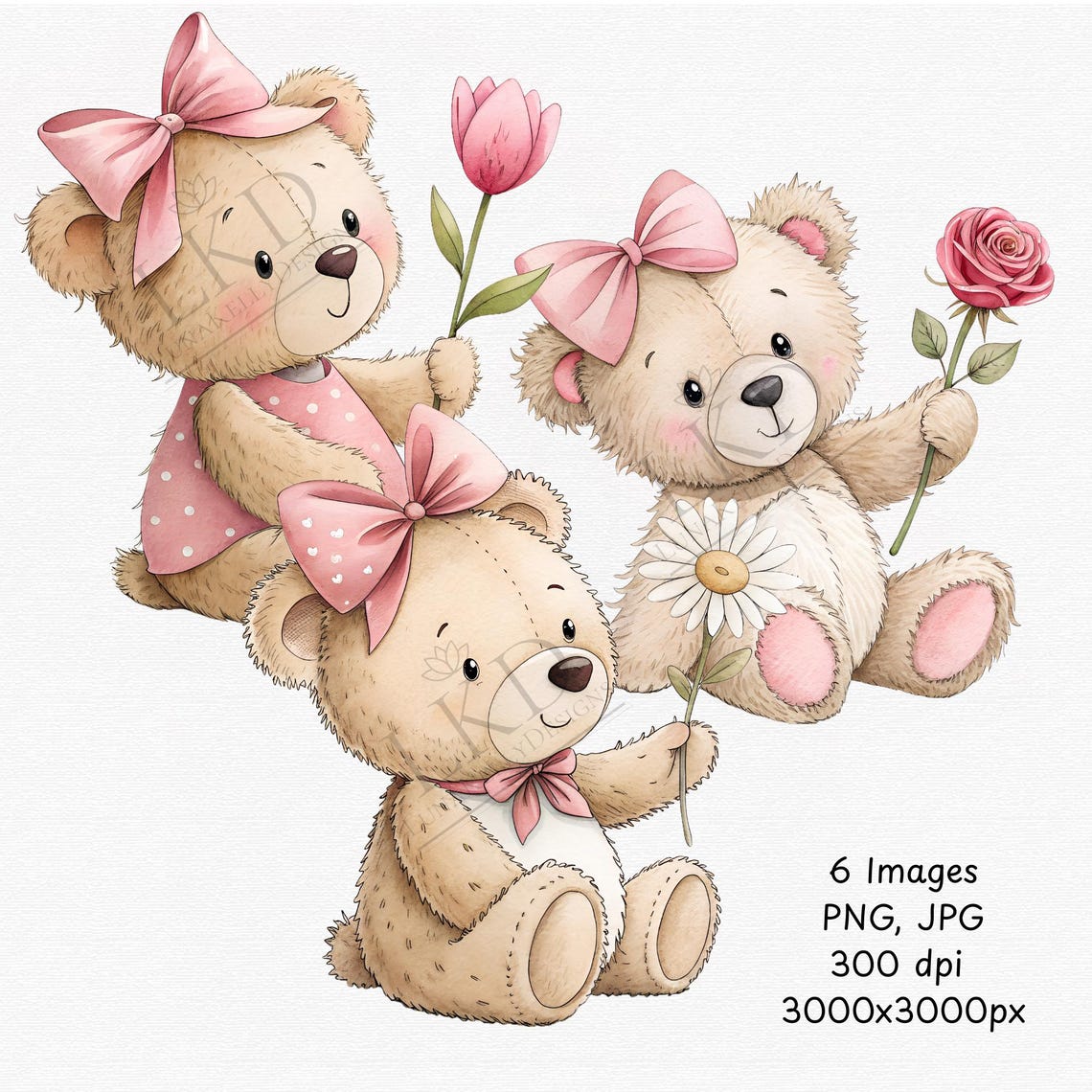 Watercolor Teddy Bear, Pink Bow Teddy Bear Clipart, Teddy Bear ...