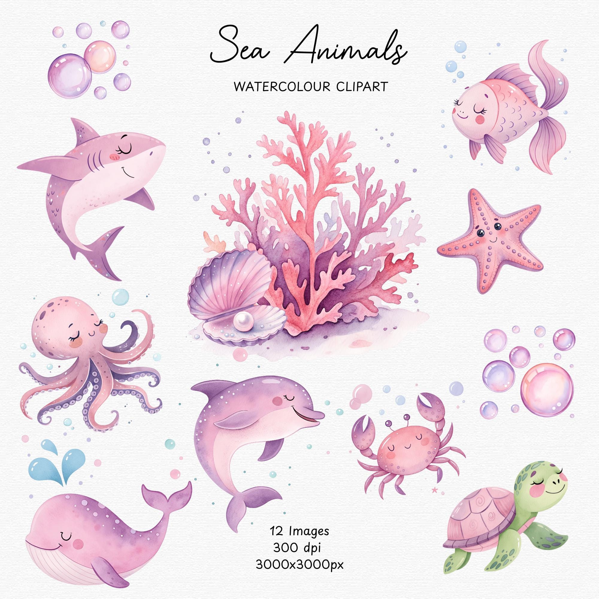 Pink Sea Animals Clipart, Cute Pastel Marine Life, Undersea Watercolor ...