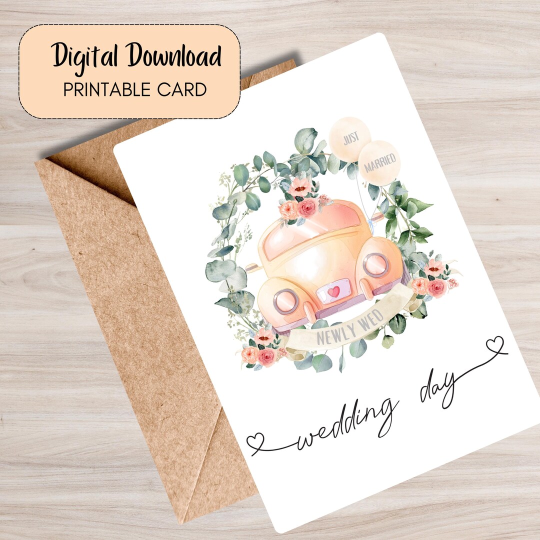 Printable Card, Just Married Card, Wedding Car, Wedding Card, Print at Home Card, Newly Wed ...