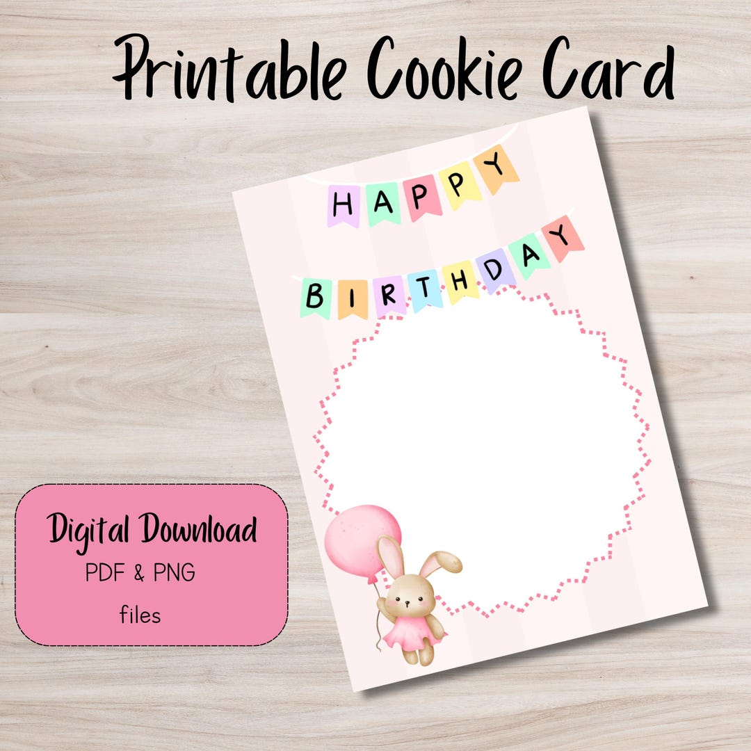 Pink Bunny Printable Cookie Card - Instant PDF & PNG Digital Download ...