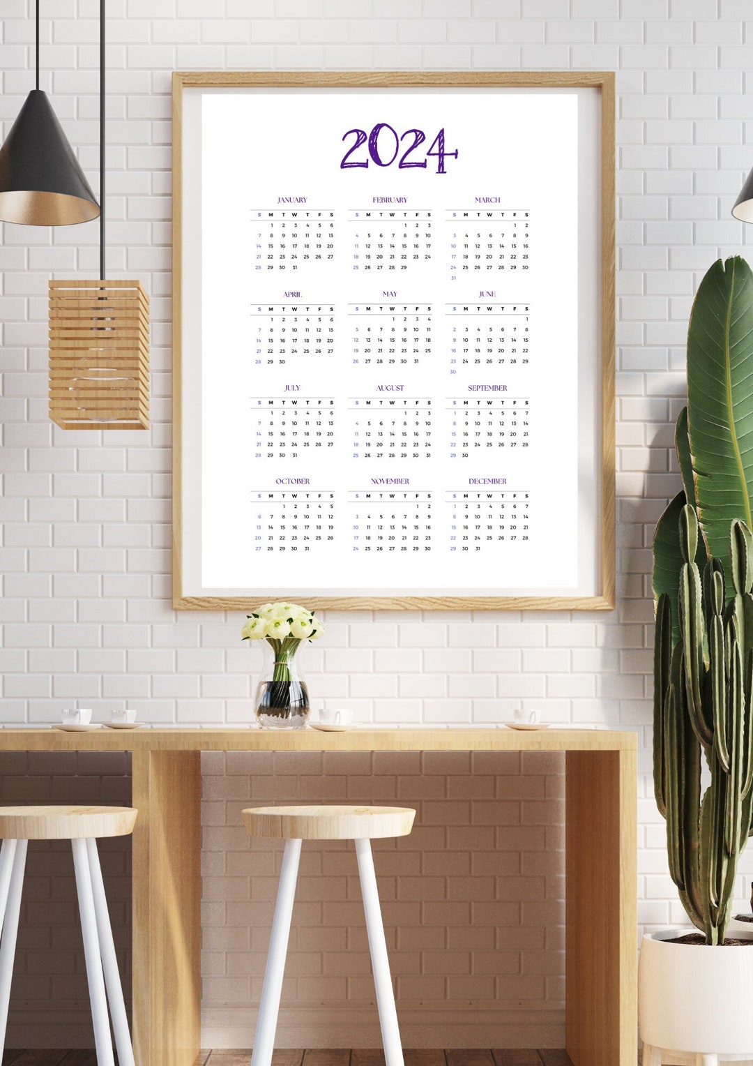 2024 Year Calendar Printable Purple Yearly Calendar 2024 Year Overview ...