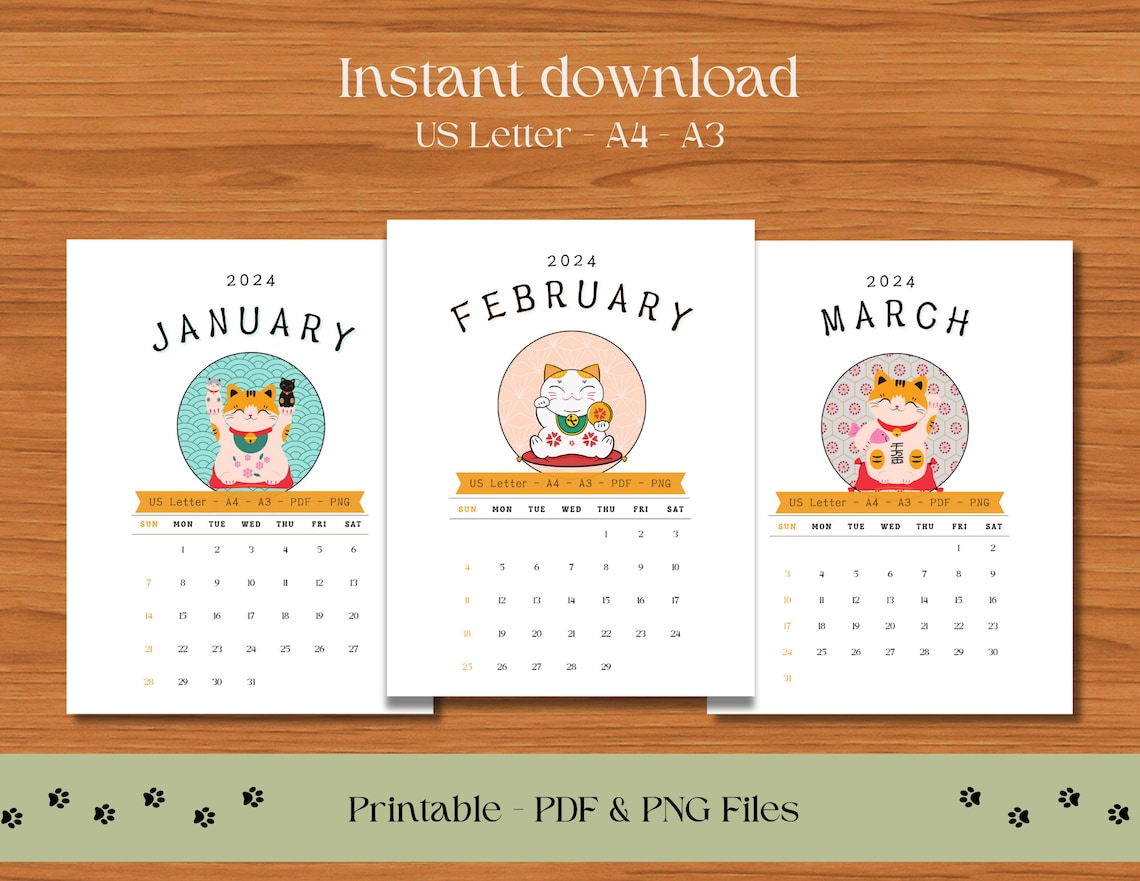 Printable Monthly 2024 Calendar, 12 Months Calendar With Japanese Lucky ...