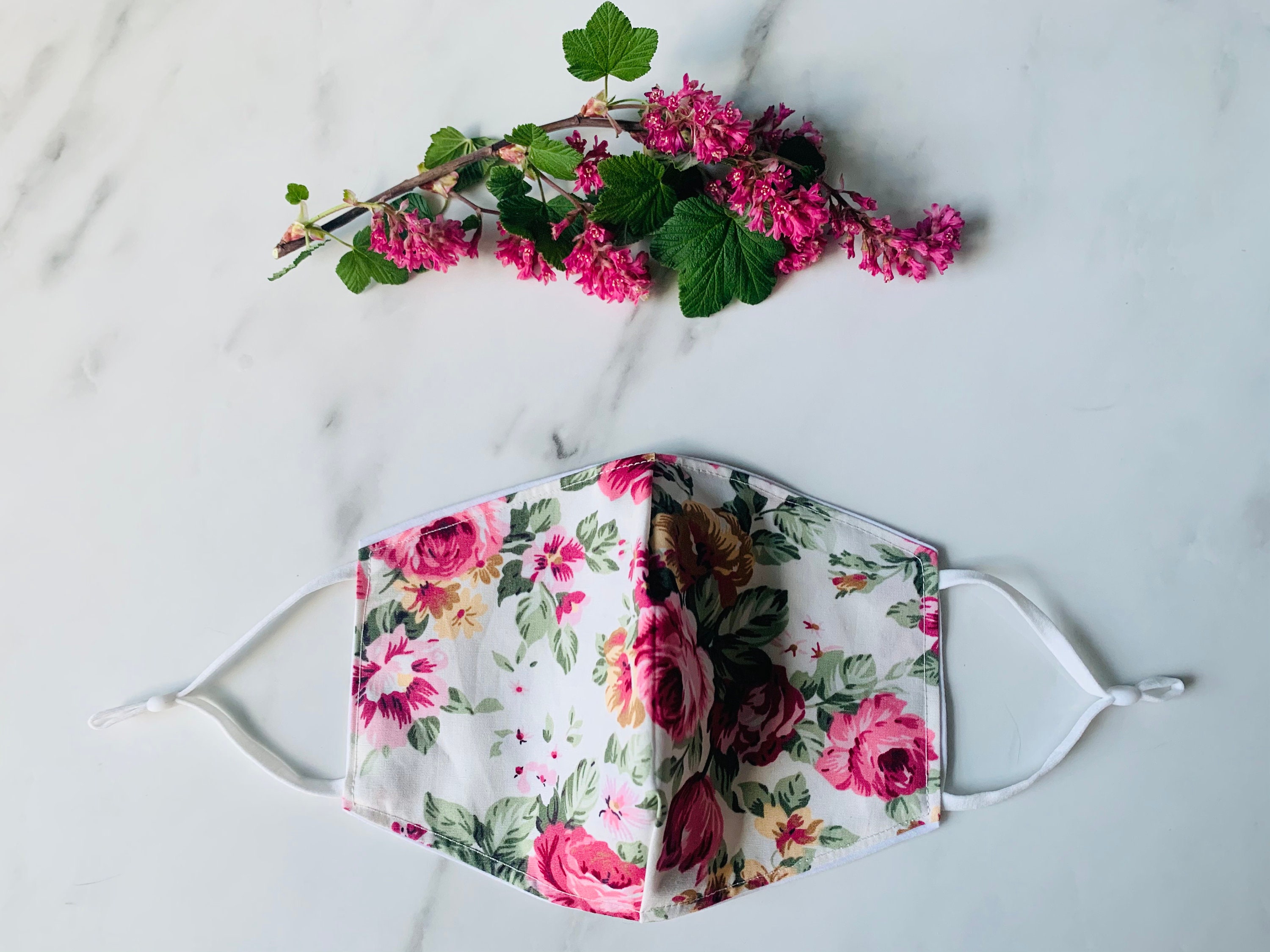 Set of Three 100% Cotton, Kitsch Floral Face Masks, Light and ...