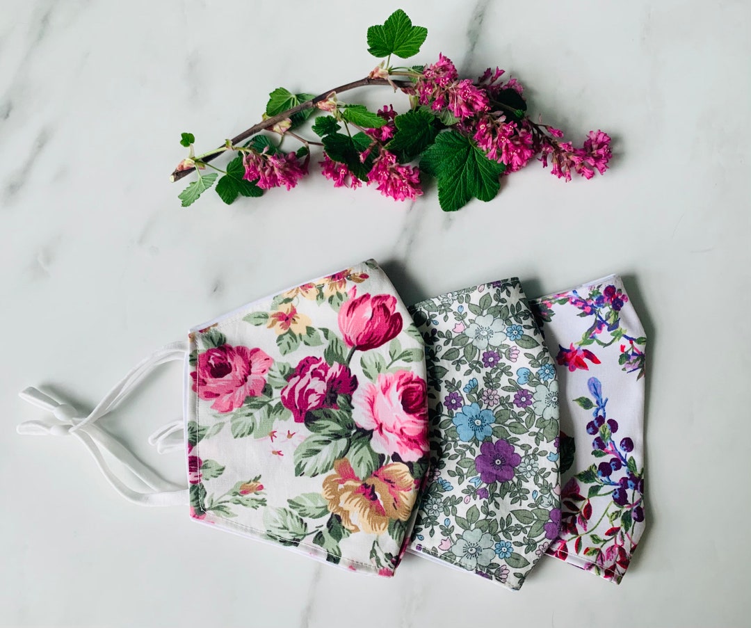 Set of Three 100% Cotton, Kitsch Floral Face Masks, Light and ...