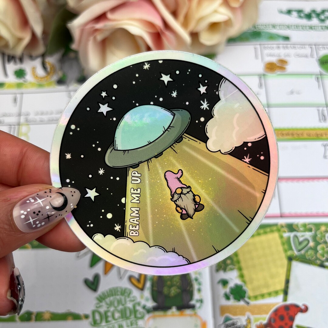 Beam Me up Gonk Holographic Vinyl Sticker Gnome UFO Alien Journal ...