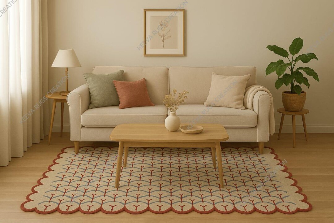 Hand-tufted Wool Area Rug: Scallop Edge, Beige & Red - Etsy
