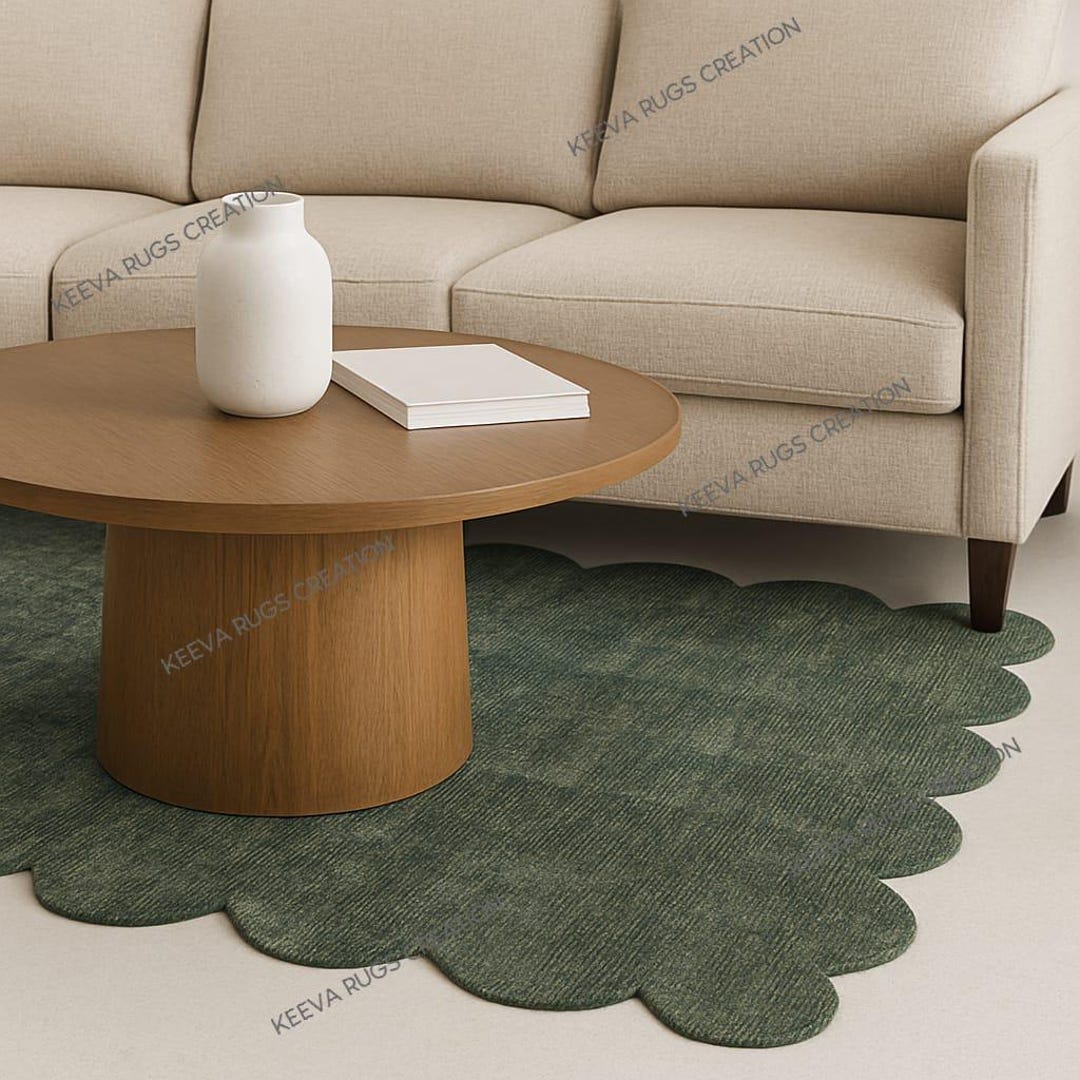 Hand-tufted Wool Rug, Scallop Edge, Olive Green, Modern Luxury - Etsy