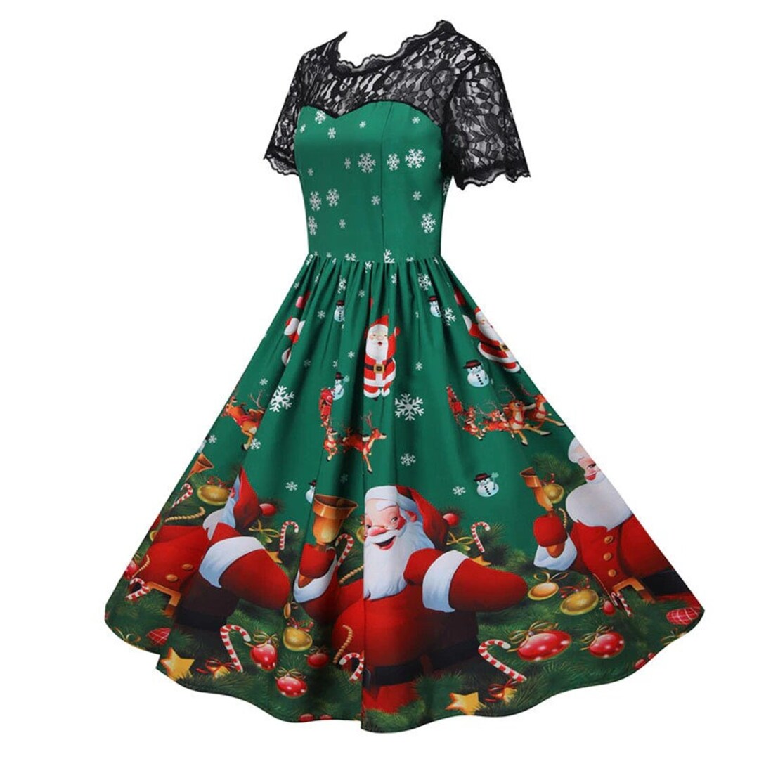 Lace Christmas Women Dress Short Sleeve Print High Waist Elegant Dress ...