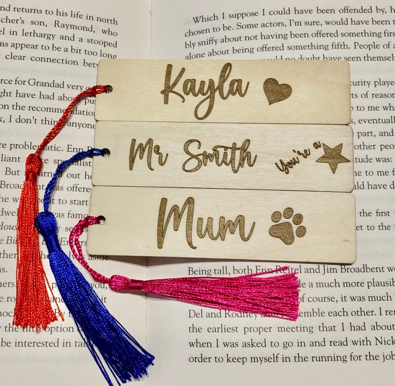 Personalised Wooden Bookmark, Laser Engraved, Novelty Gift, Coloured ...