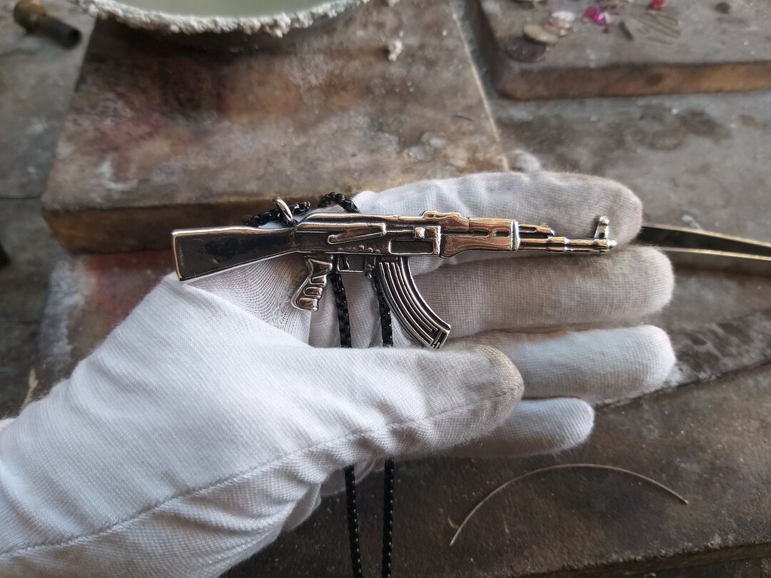 Oxidized Sterling Silver AK47 Pendant Necklace - Combat Rifle Jewelry ...