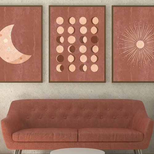 Boho Art Set of 9 Abstract Modern Wall Sunrise Rainbow Moon - Etsy