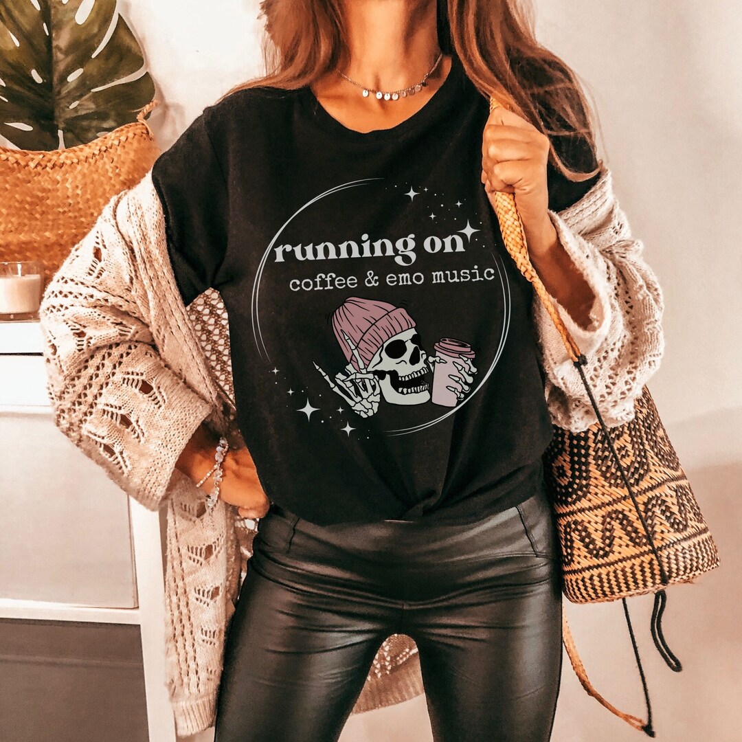 Running on Coffee and Emo Music Short Sleeve Tee, Elder Emo Aesthetic ...