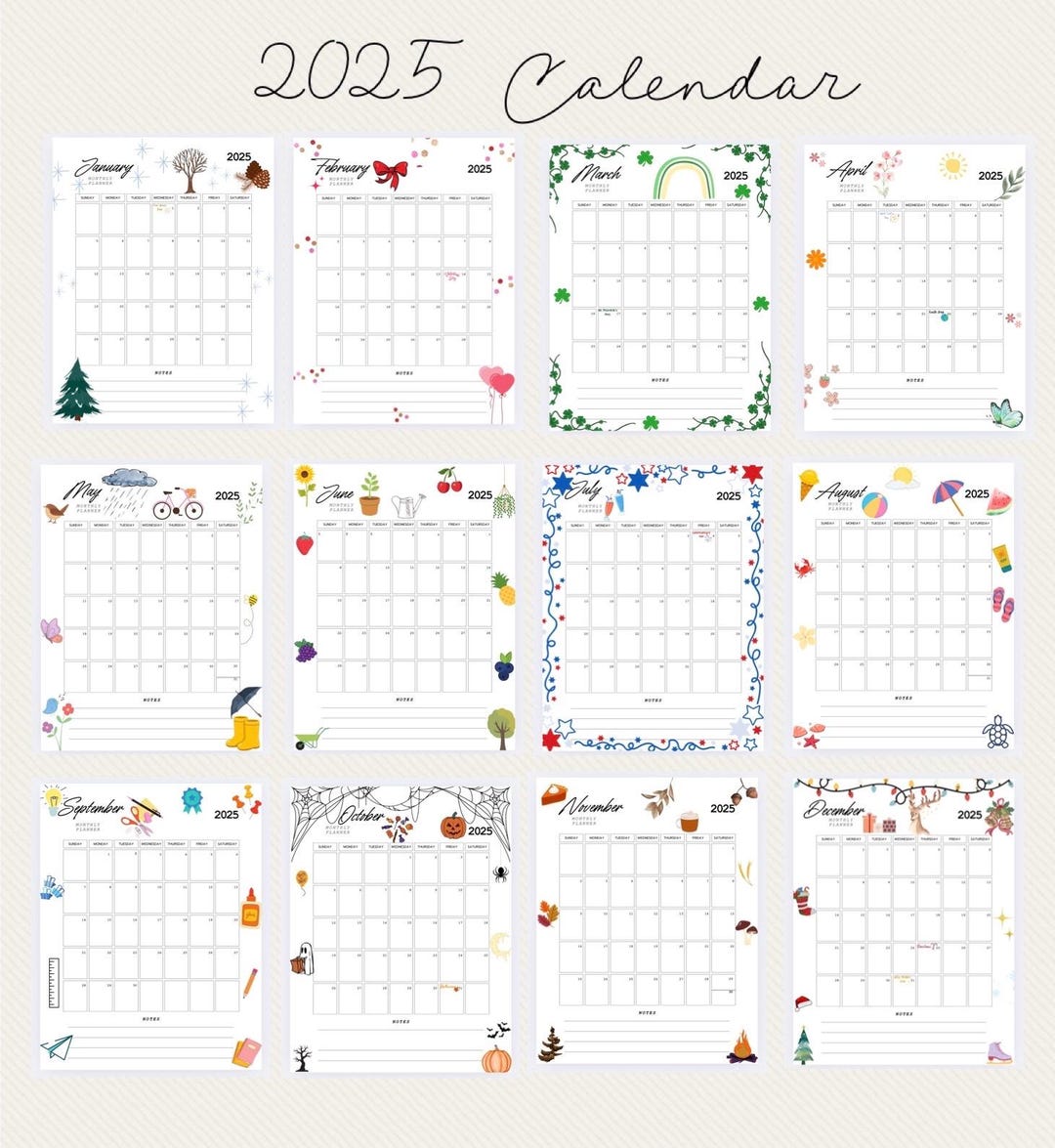 Buy 2025 Calendar Printable, Cute Kids Wall Calendar, Editable Monthly ...