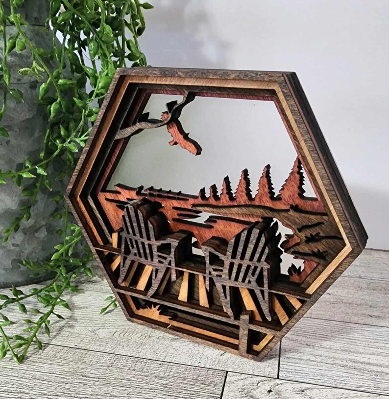 Lake Scene Hexagon Shadow Box, Adirondack Chairs by the Lake Standing ...