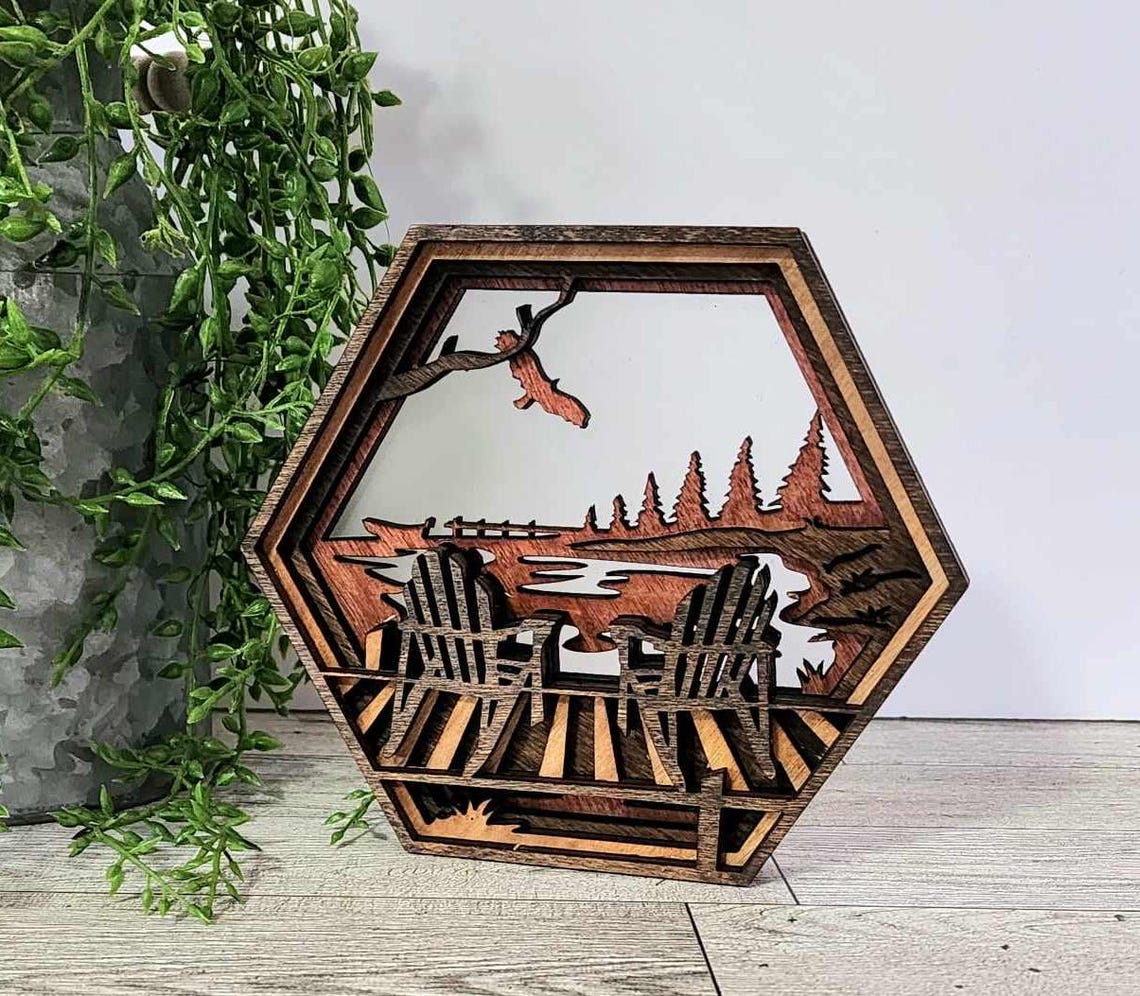 Lake Scene Hexagon Shadow Box, Adirondack Chairs by the Lake Standing ...
