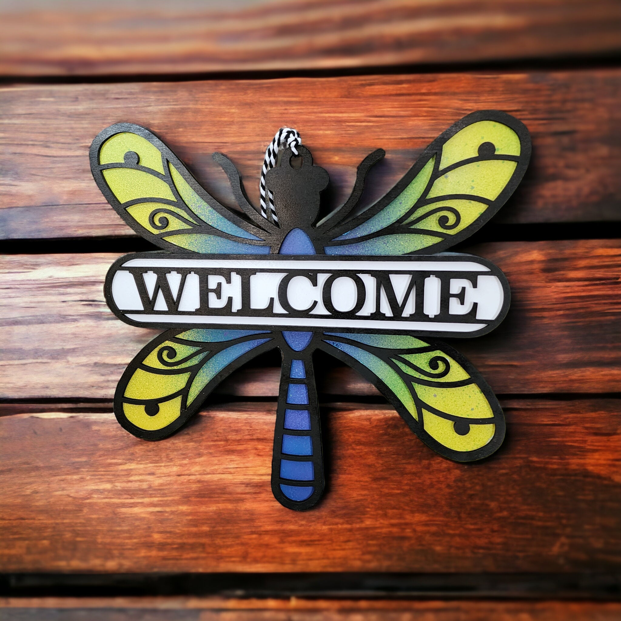 Large Painted Wooden Dragonfly Welcome Sign/Door Hanger — On A Dime Designs
