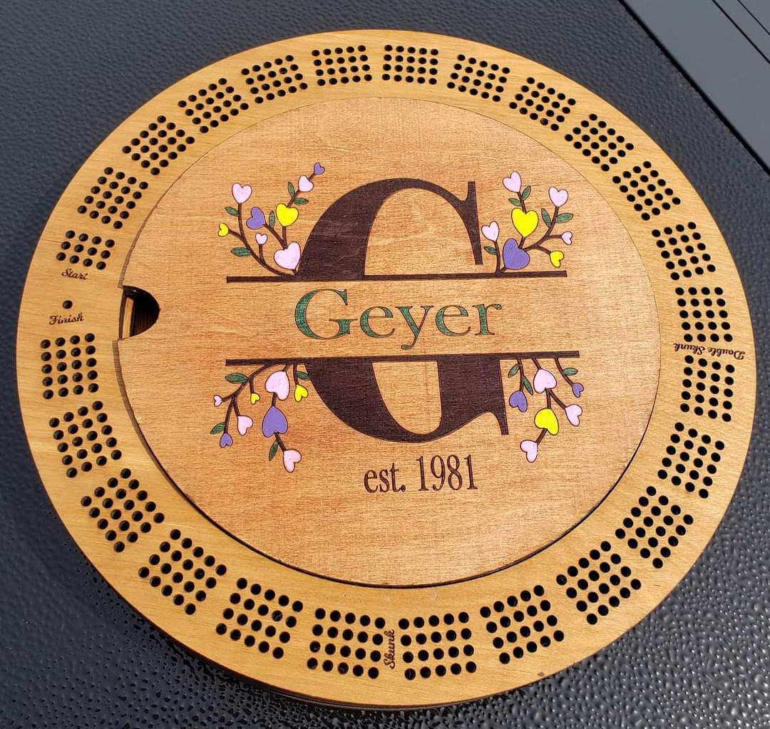 Family Name Floral Round Cribbage Board With Storage, Personalized Gift ...