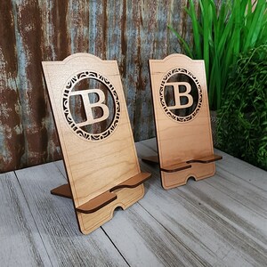 Portable Monogram Wooden Cellular Phone Stand, Wood Anniversary Gift ...