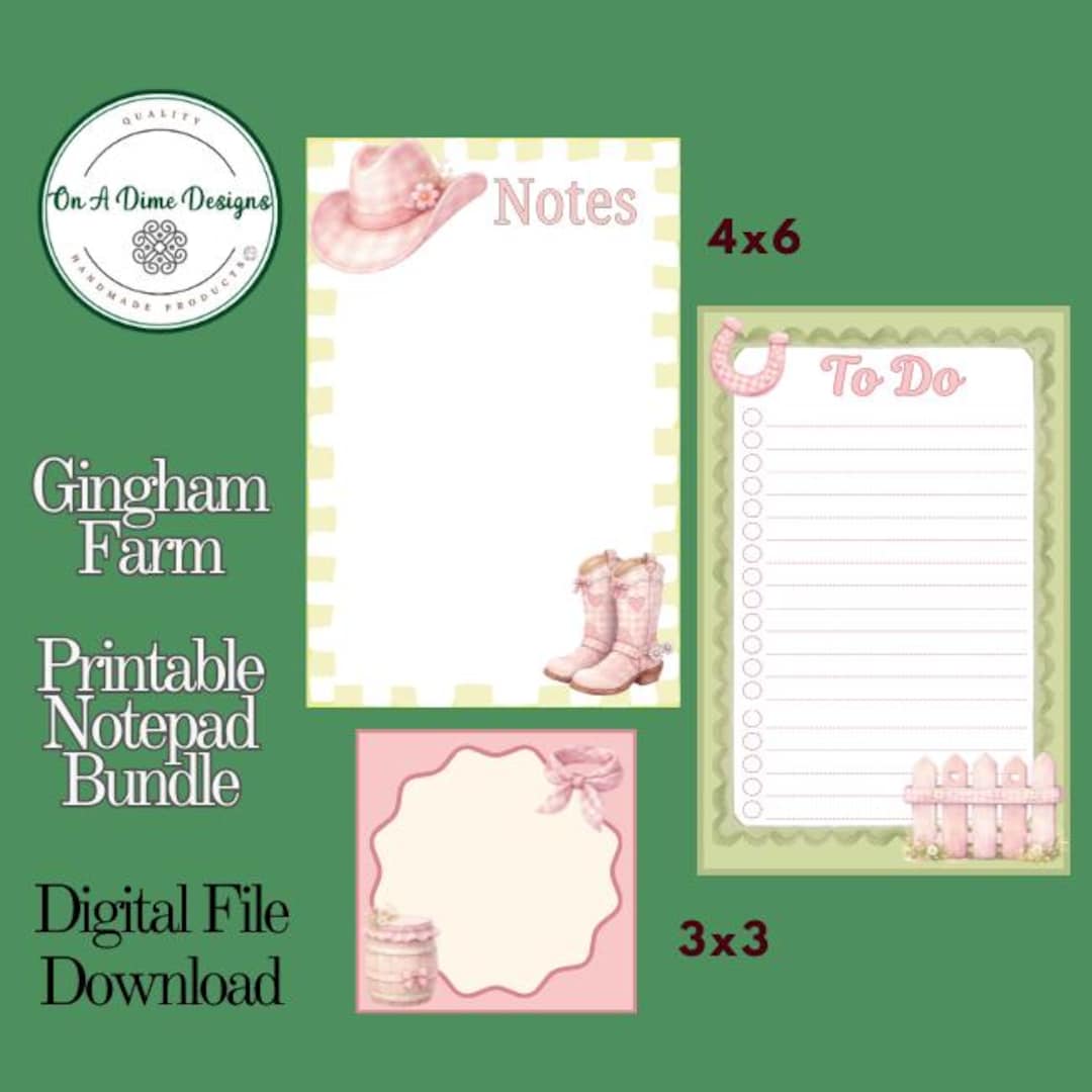 Gingham Farm Printable Notepad Bundle, Cowgirl Notes, 4x6 & 3x3, Pink ...