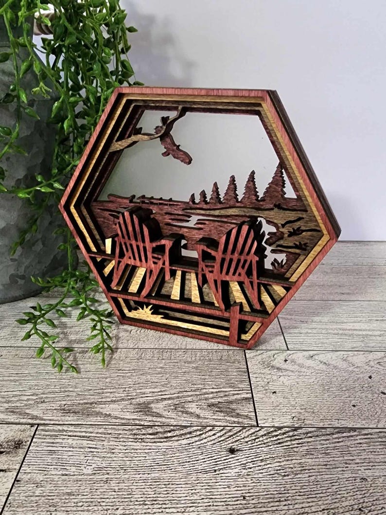 Lake Scene Hexagon Shadow Box, Adirondack Chairs by the Lake Standing ...