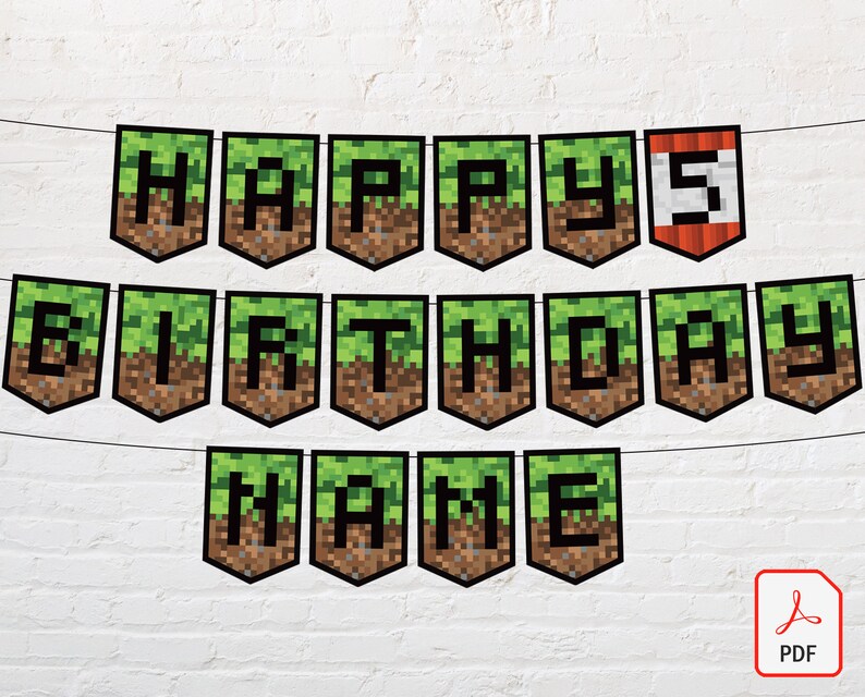 Birthday Decorations Pixel Game Banner, Printable Bundle Instant ...