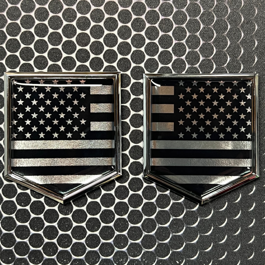 Set of 2 USA America Flag MONOCHROME Domed CHROME Metallic Emblem Car ...