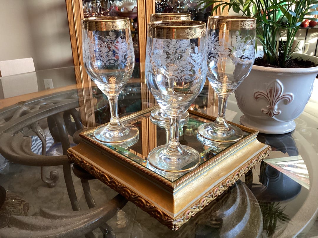 Gorgeous Set of Four Etched Wine Glasses With Gold Gilding Rims and ...
