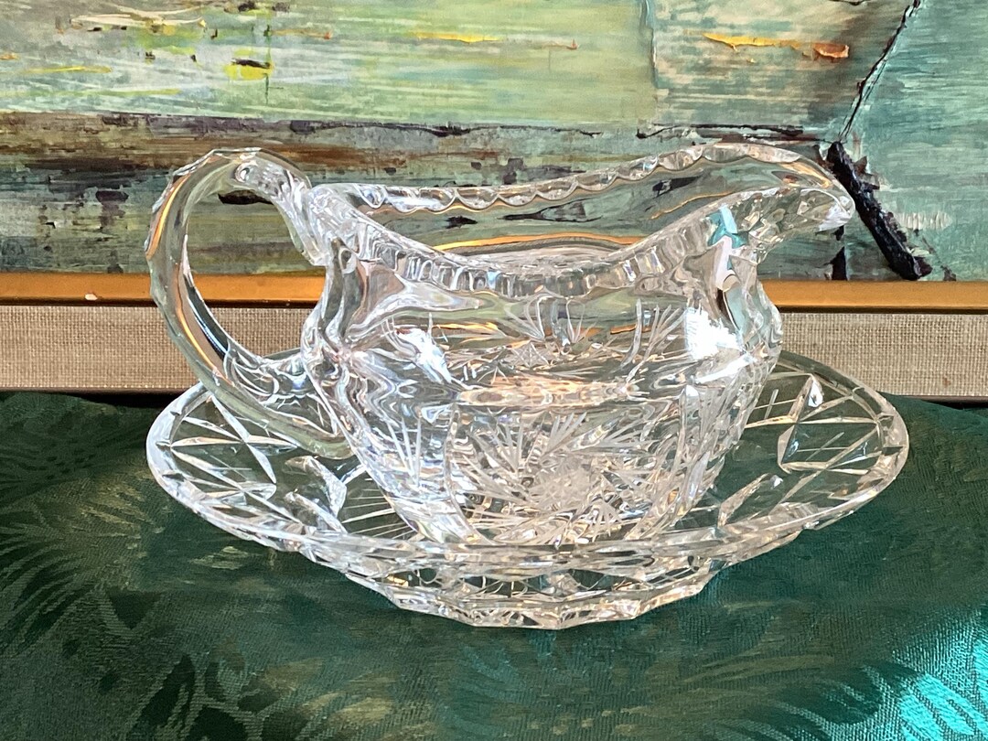 Pinwheel Crystal Gravy Boat and Over Flow Drip Bowl Vintage Dining Ware ...