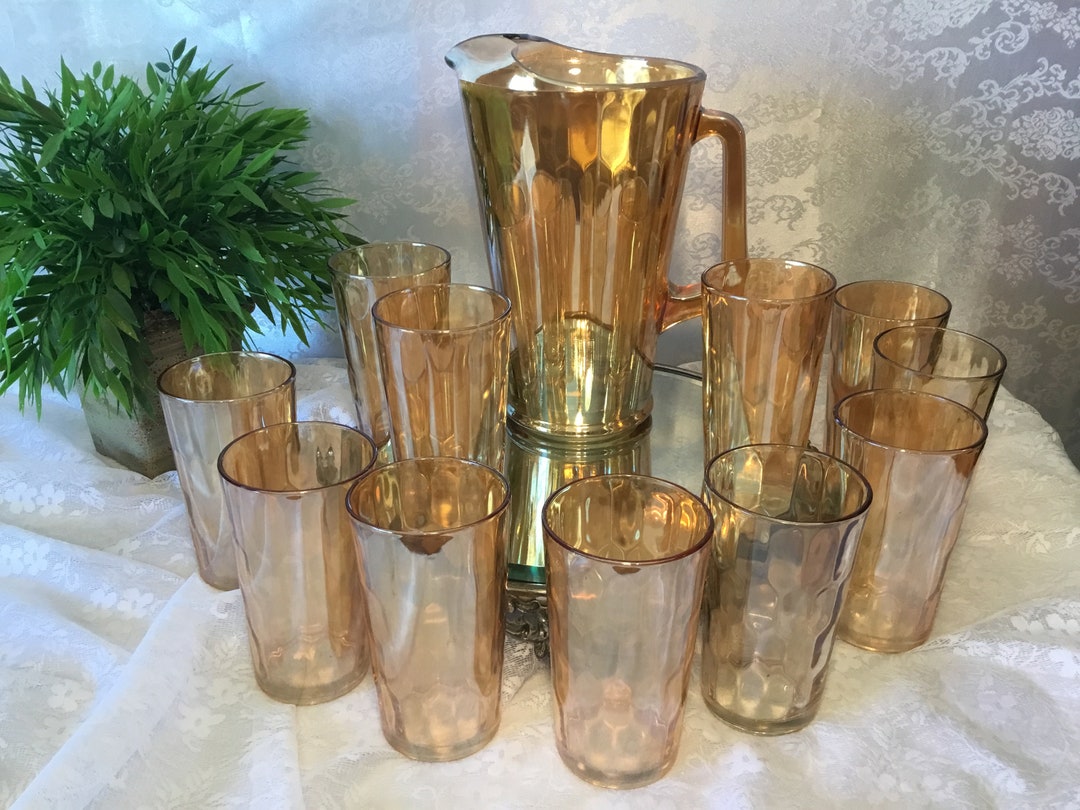 Vintage MCM Marigold Peach Iridescent Elegant Drinkware Pitcher With 11 ...