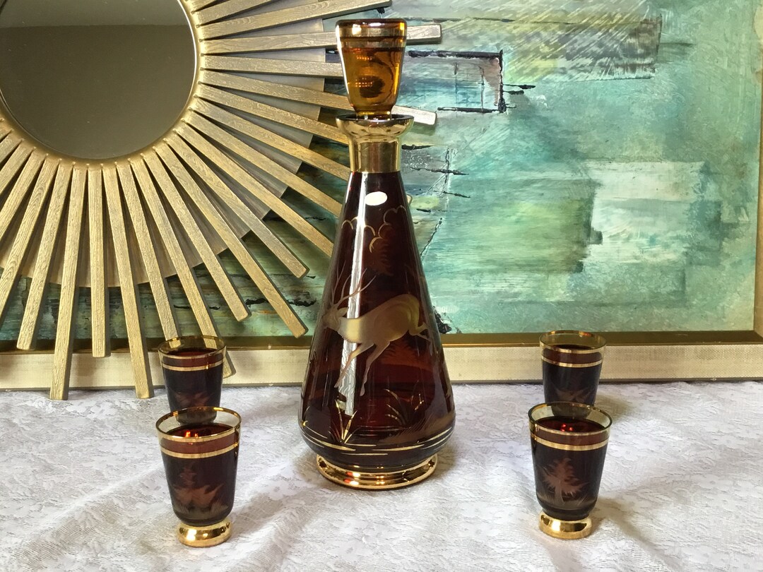 A Spectacular Decanter Set Complete/ 4 Shot Glasses and Matching ...