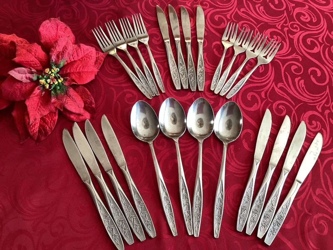 3 Rose Pattern Vintage Custom Craft Stainless Steel 24 Piece Set Dining ...