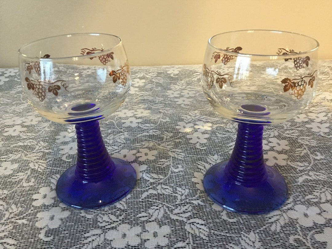 Pair Of Stamped Luminarc Cobalt Blue Tapered And Ribbed Stems With ...