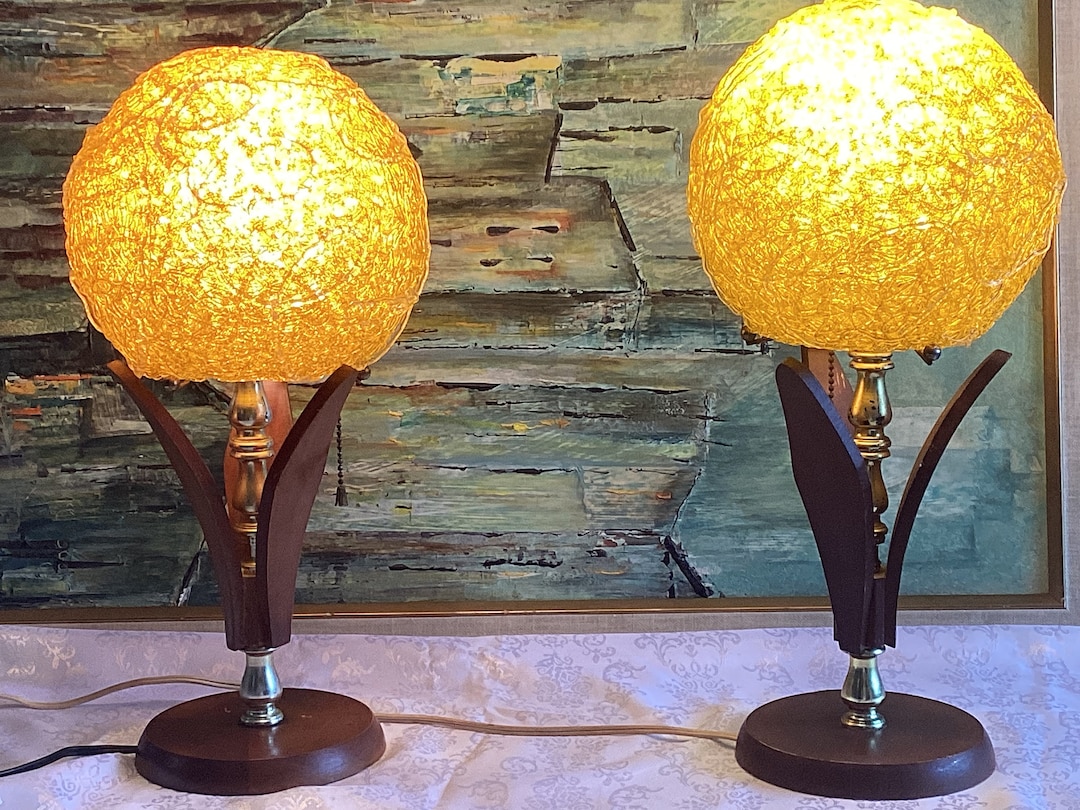 Pair of Danish Spaghetti Globe Table Lamps Teak Wood Retro MCM - Etsy