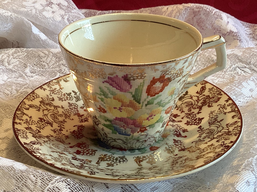 Petit Point Design With Flowers and Gold Decorative Grapes Throughout ...