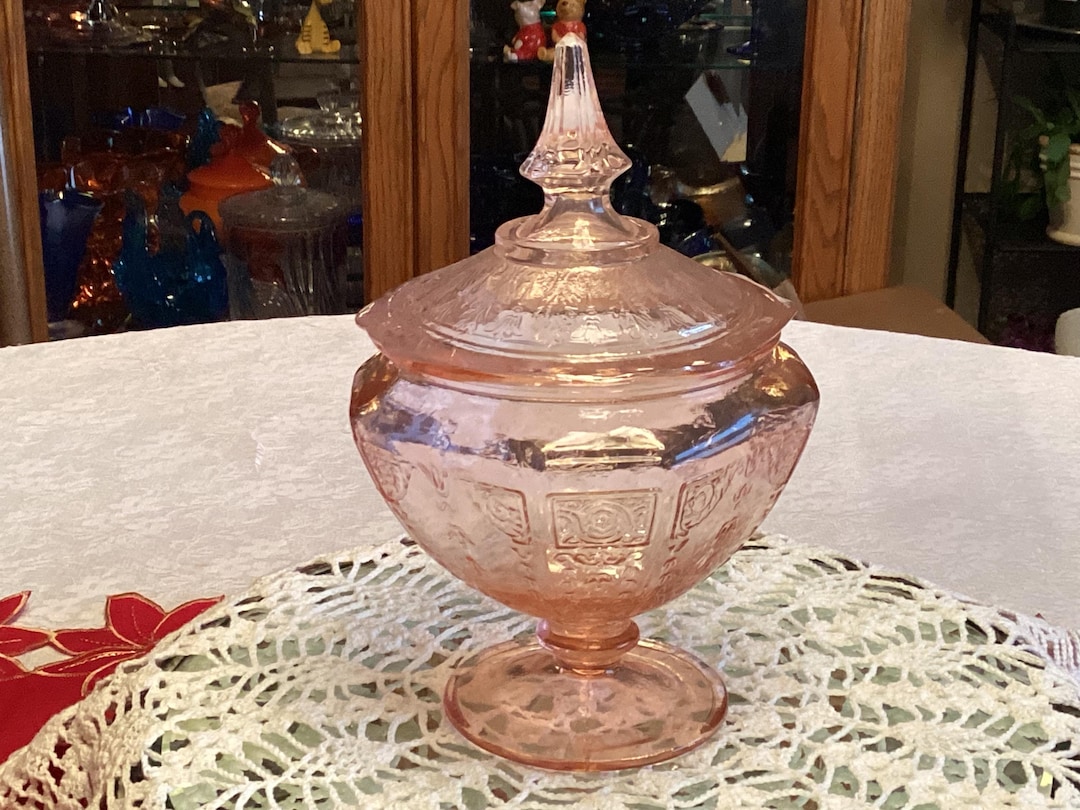 Pink Depression Glass Candy Bowl With Pointed Lid Vintage Retro Footed ...