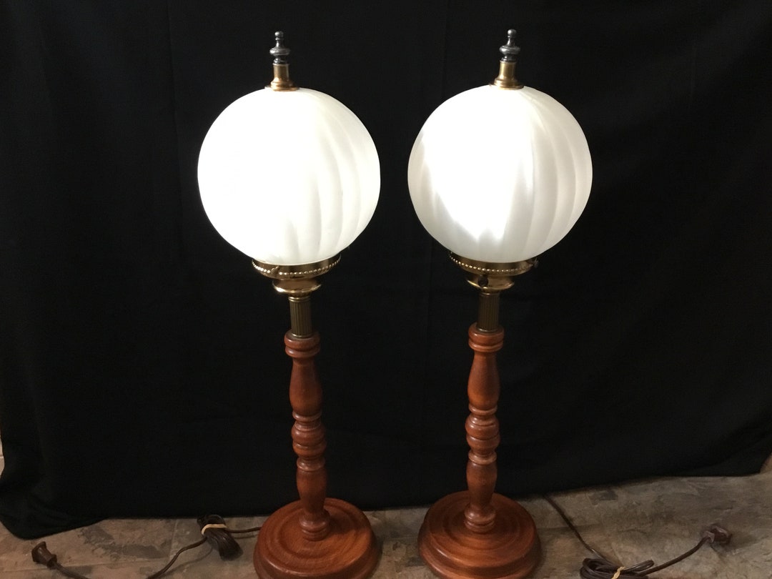 Eye Catching Pair of Table Lamps Wood Turned Bases and Frames With ...